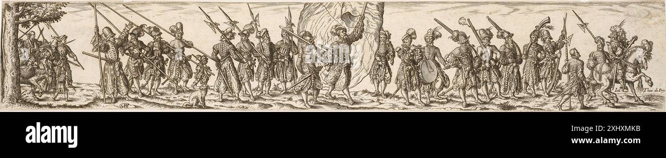 Copper engraving by Jan Theodor de Bry depicting a soldier train with a ...