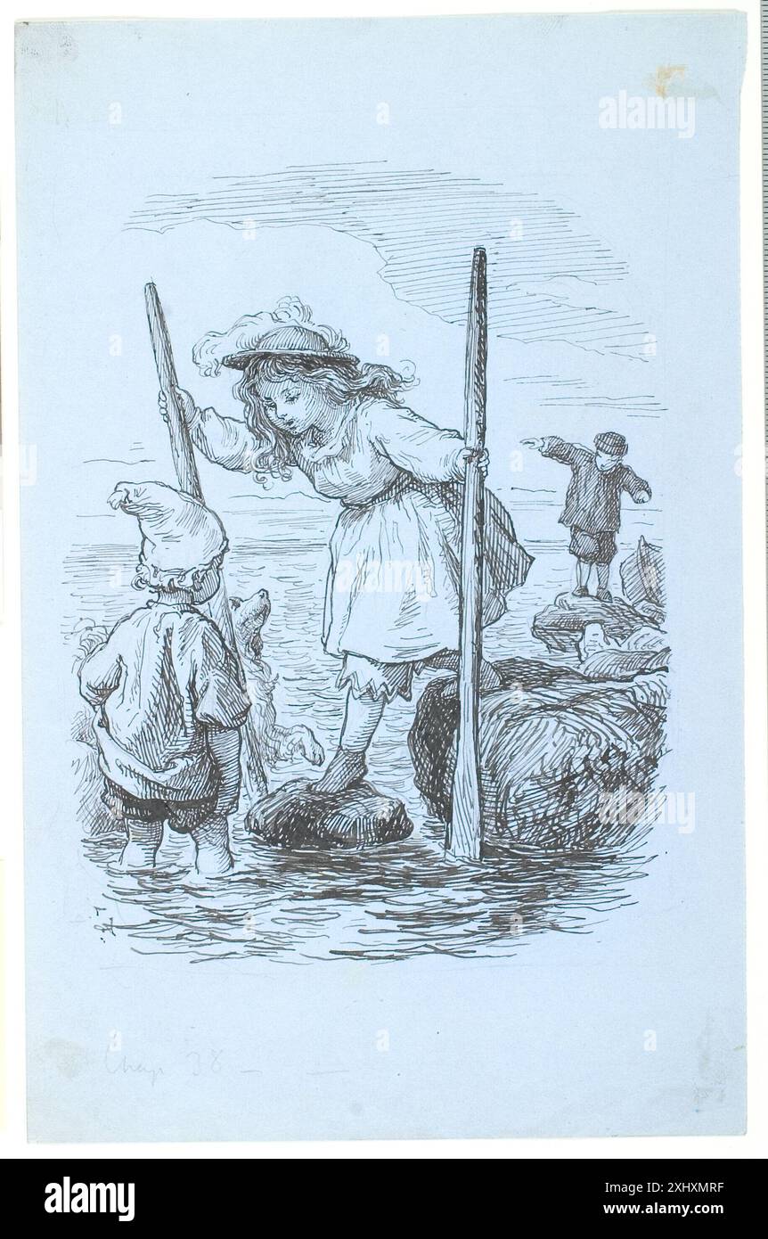 A drawing by Lorenz Frölich showing Lili balancing on a stone ...