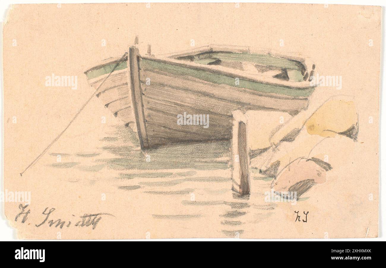 Depicts a rowing boat, showing structure, oars, water, and figure ...