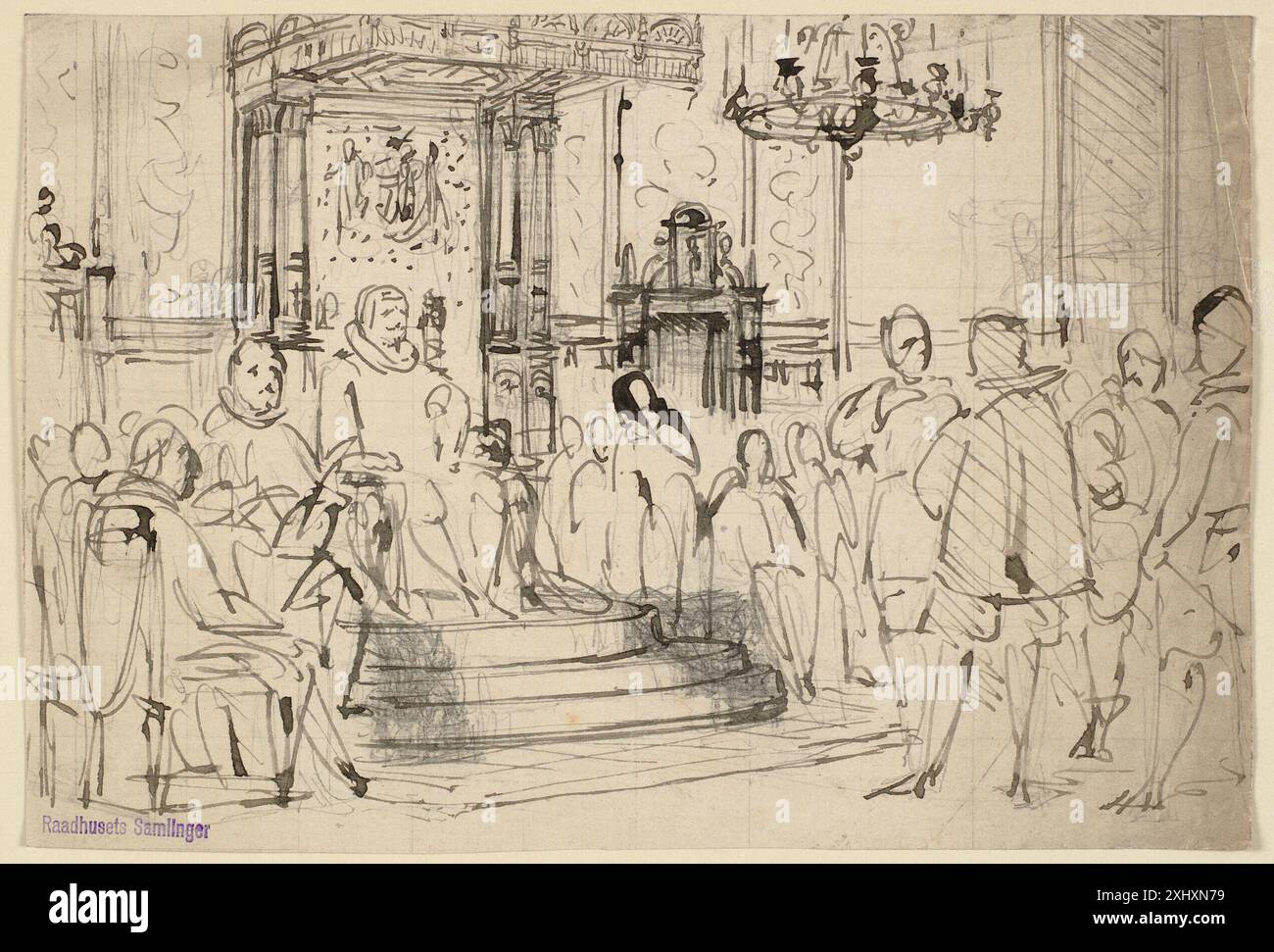 Drawing by Wilhelm Marstrand depicting Christian IV seated in court ...
