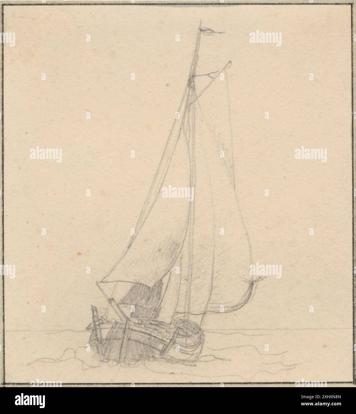 A frontal view drawing of a hunting ship under sail, showing the sails ...