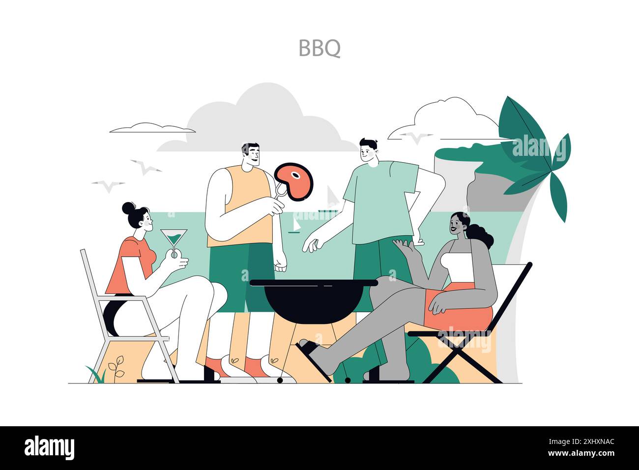 Summer BBQ concept. Friends gather for a barbecue, grilling steak ...