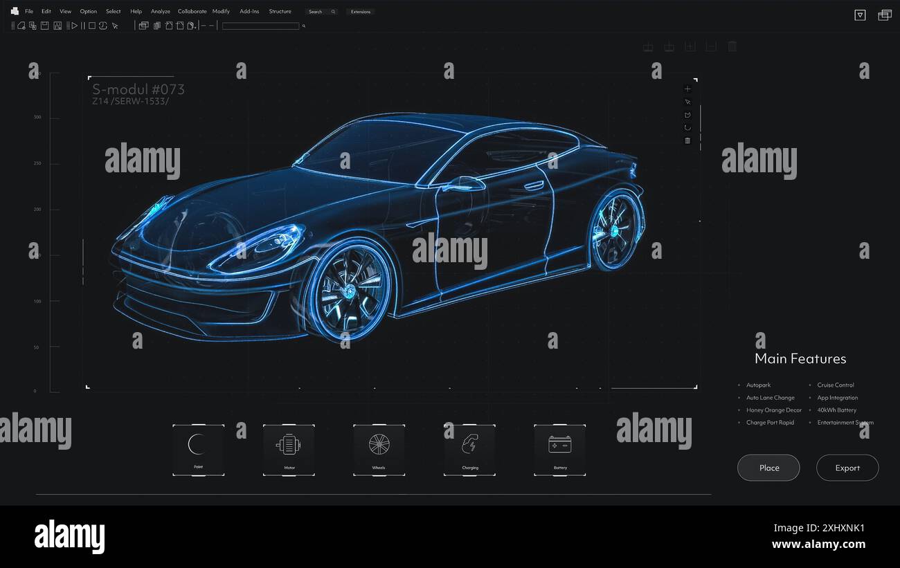 Dark Interface Mockup of Professional CAD Computer Software: 3D Edit of Project Of a Sports Car ...