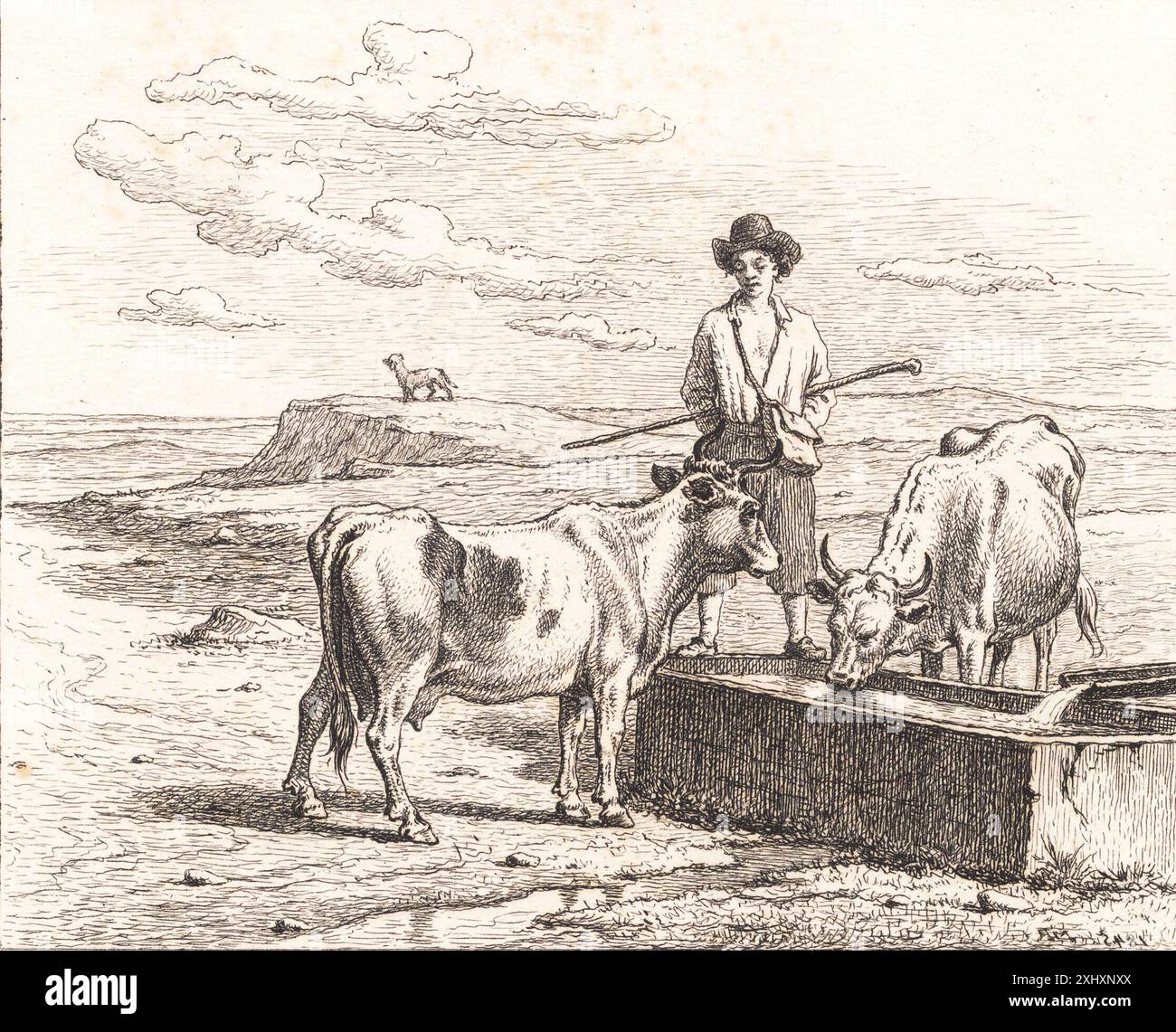 An engraving by Martinus Rørbye depicting a shepherd boy standing by a ...