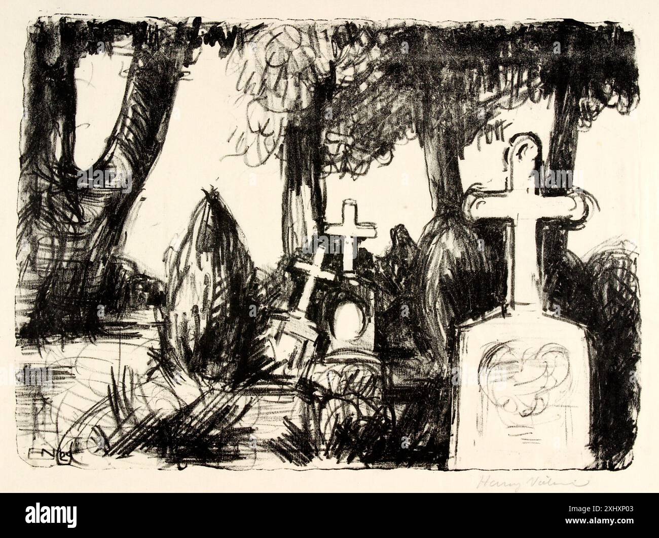Cemetery with three tombstones Nielsen, Henry 1907 - 1937 Lithograph ...