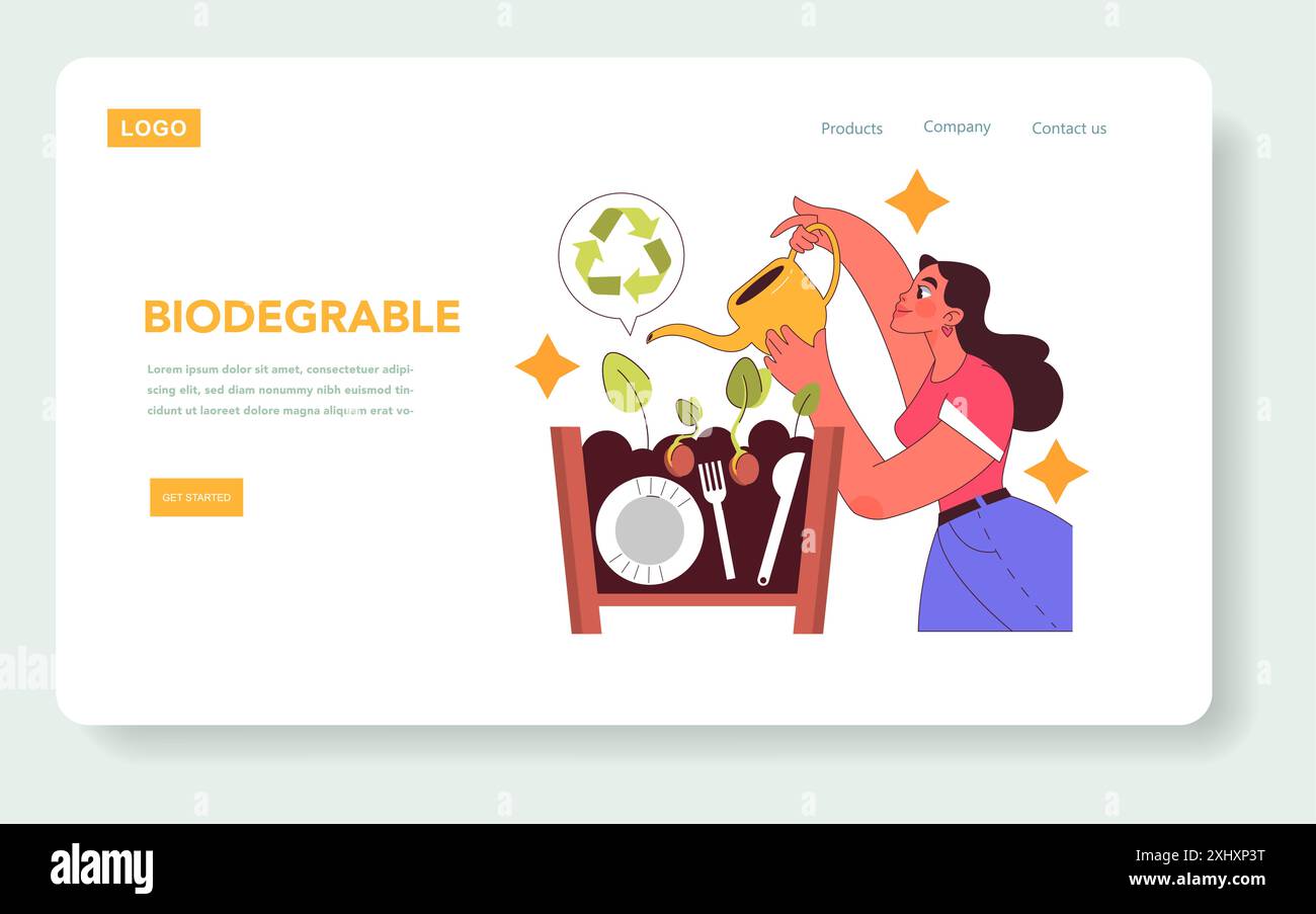 Biodegradable concept. Woman nurturing plants on a compostable tableware. Organic waste ...