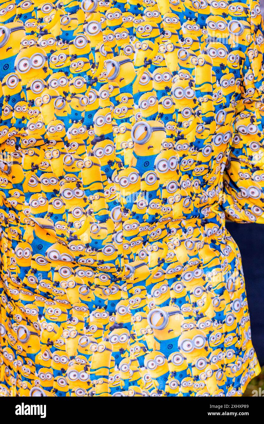 Man dressed in a coat or jacked covered with the cartoon characters the ...
