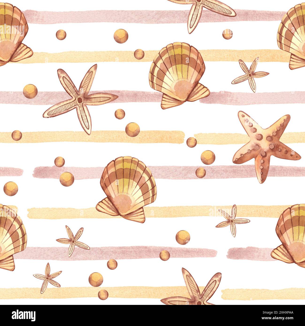 Seamless pattern on a marine theme. Seashells, stars, pink pearls ...