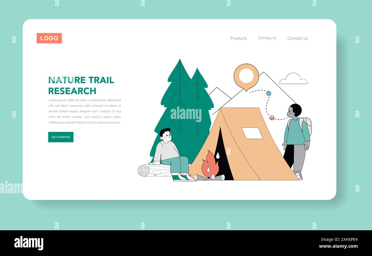 Outdoor adventure and camping concept. Illustration showcasing campers with tents surrounded by ...