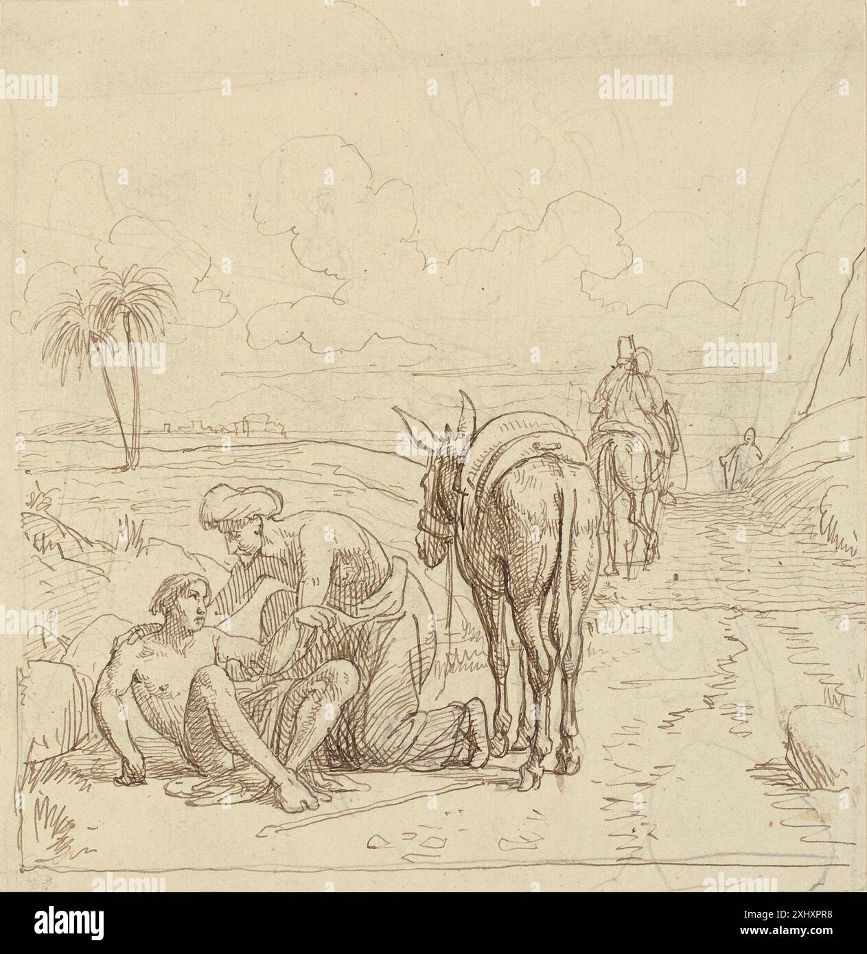 A drawing showing the merciful Samaritan discovering a wounded man ...