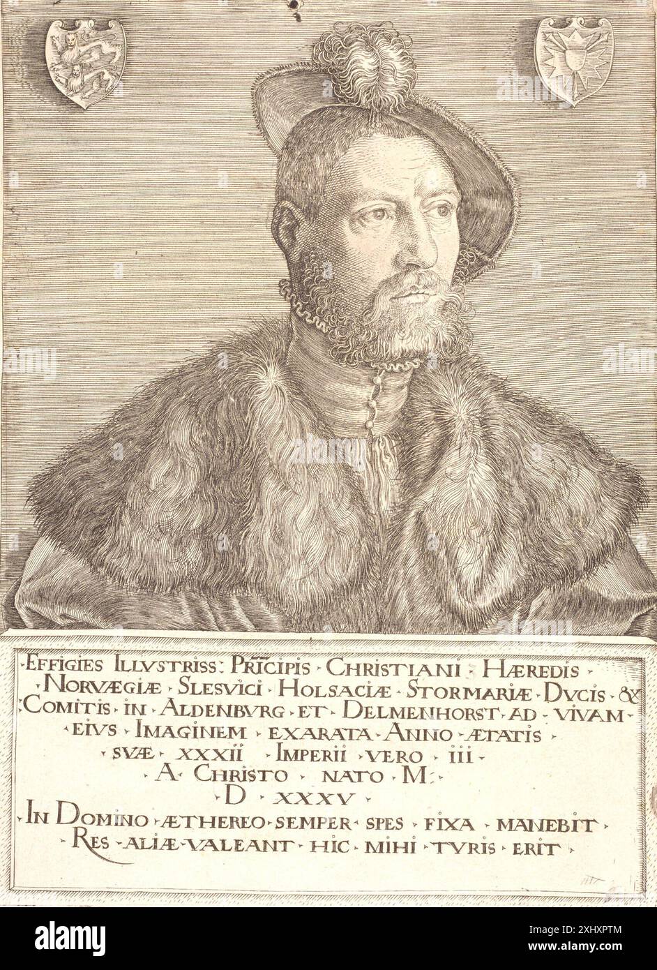 Copper engraving by Jacob Binck depicting King Christian III of Denmark ...