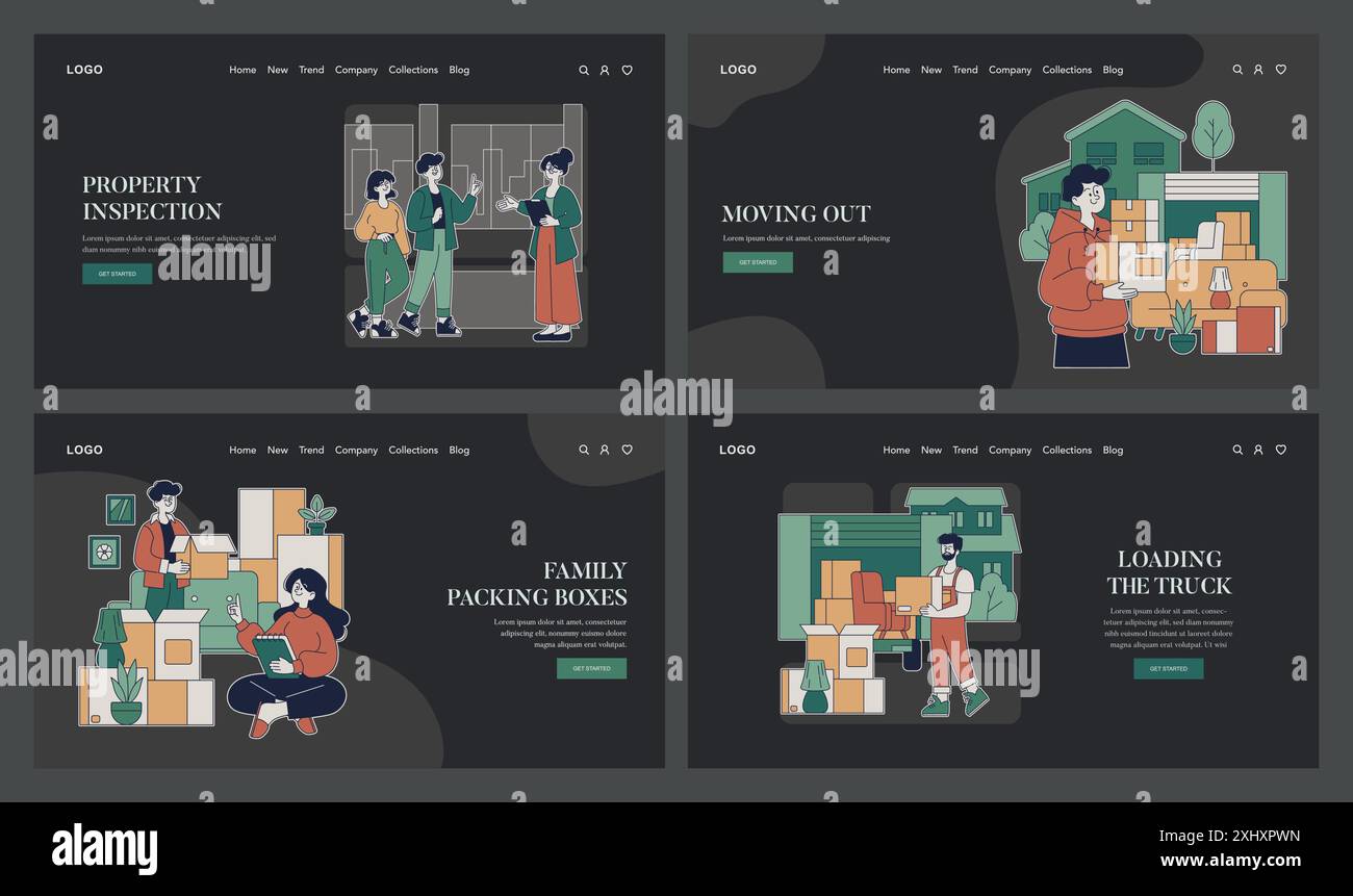 Moving Out set. Stages of leaving a home including property inspection ...