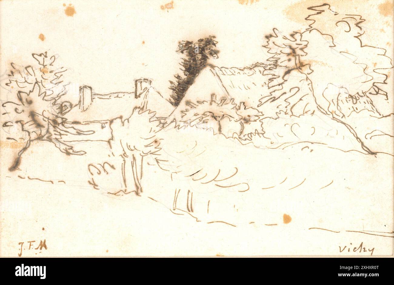 Drawing by Jean-François Millet depicting a farm situated between trees ...