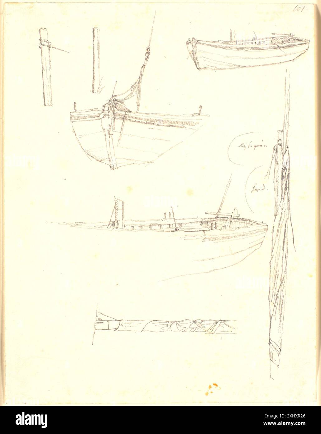 Drawing by Christen Købke (1810–1848) depicting studies of a boat ...