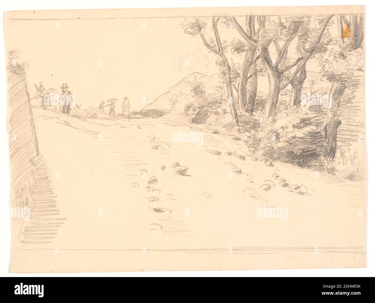 Drawing of an Italian landscape featuring a road with trees on the ...