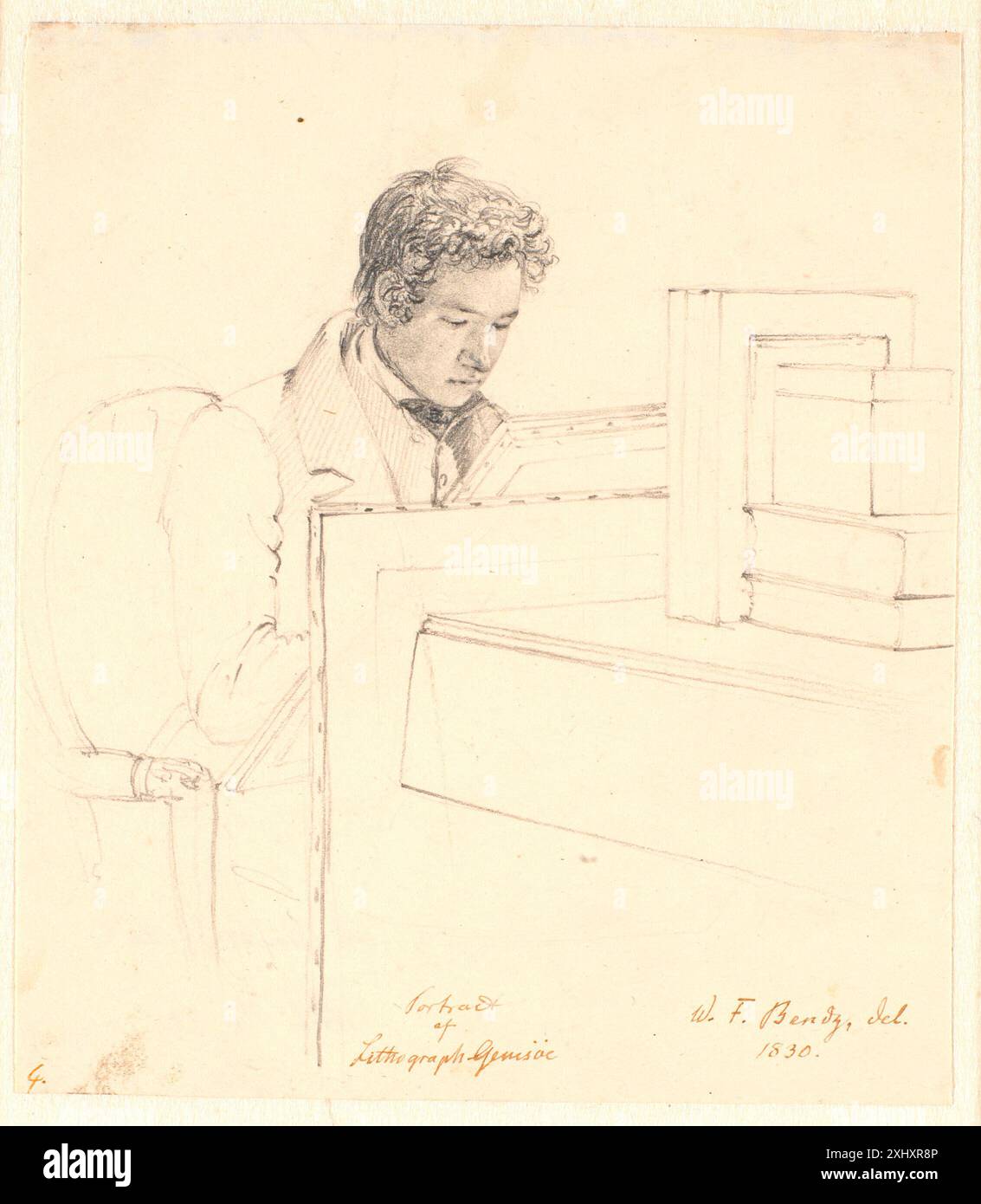 Wilhelm Bendz’s drawing depicts lithographer Peter Gemzøe, showing ...