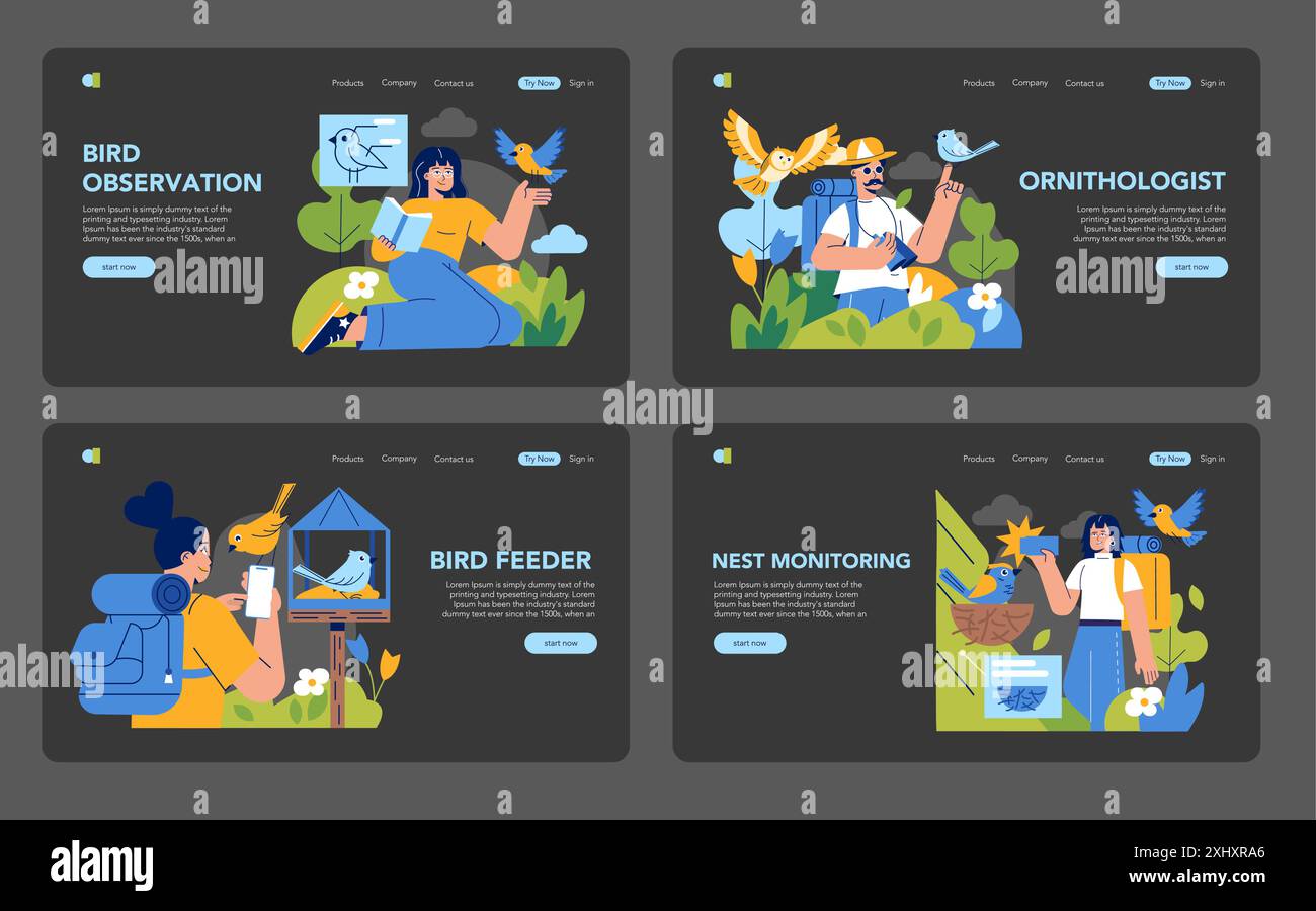 Birdwatching set. Enthusiasts engage in bird observation, studying ...