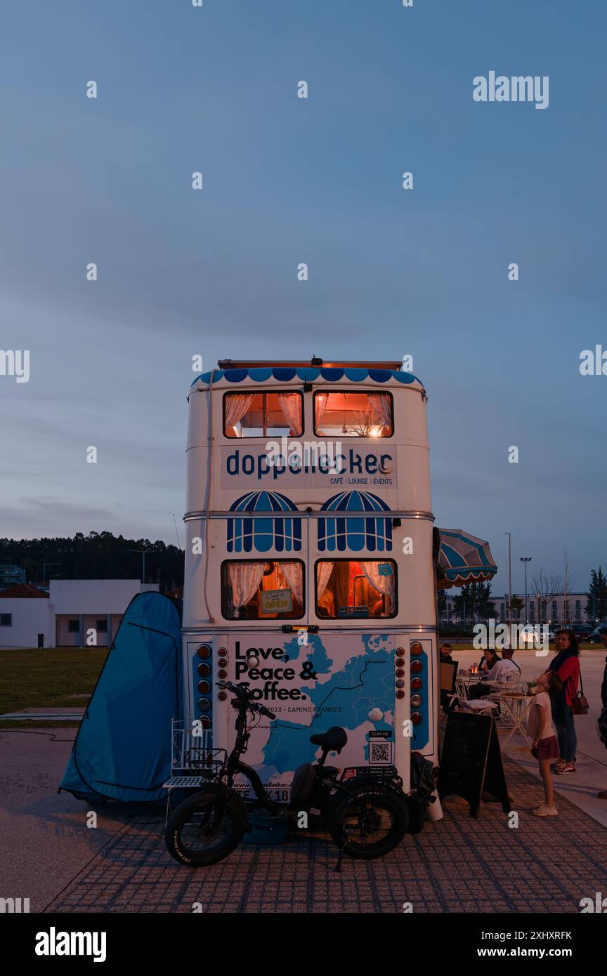 Backside of the Doppellecker double-decker bus cafe in Batalha, with ...