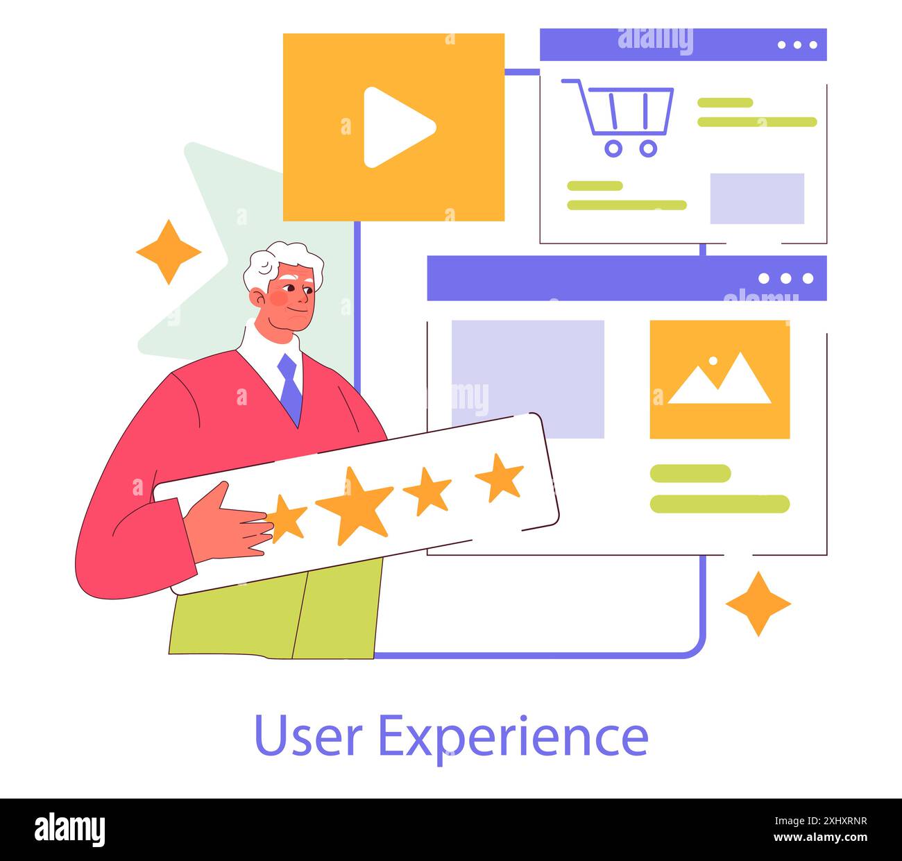 User Experience concept. A person holding a giant five-star rating ...