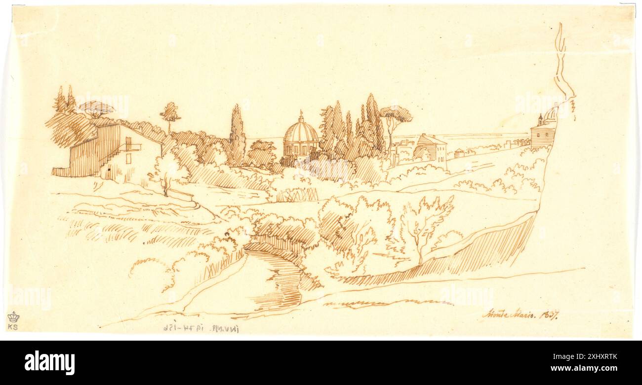 A drawing by Martinus Rørbye depicting Monte Mario, showing terrain ...