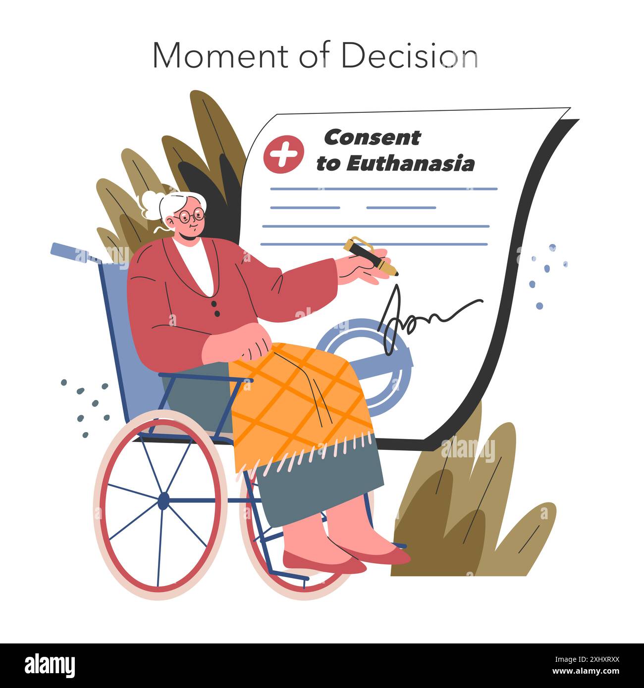 Euthanasia consent concept. Elderly person in a wheelchair signs a life ...