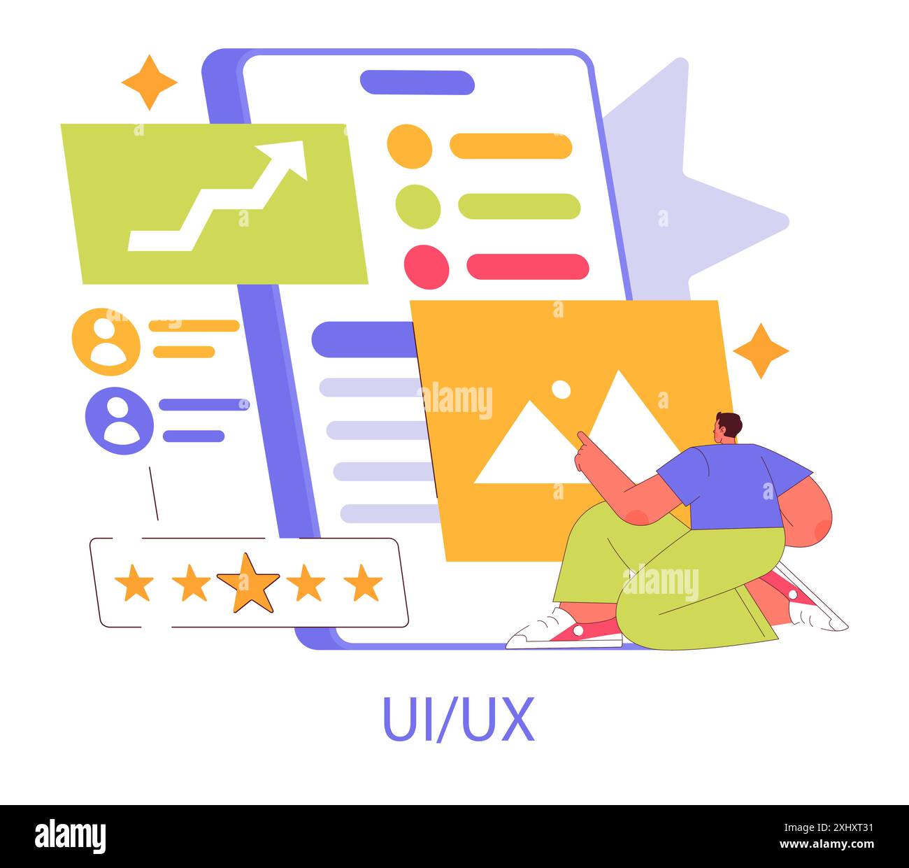 Mobile app design concept. A person interacts with user interface elements on a smartphone ...