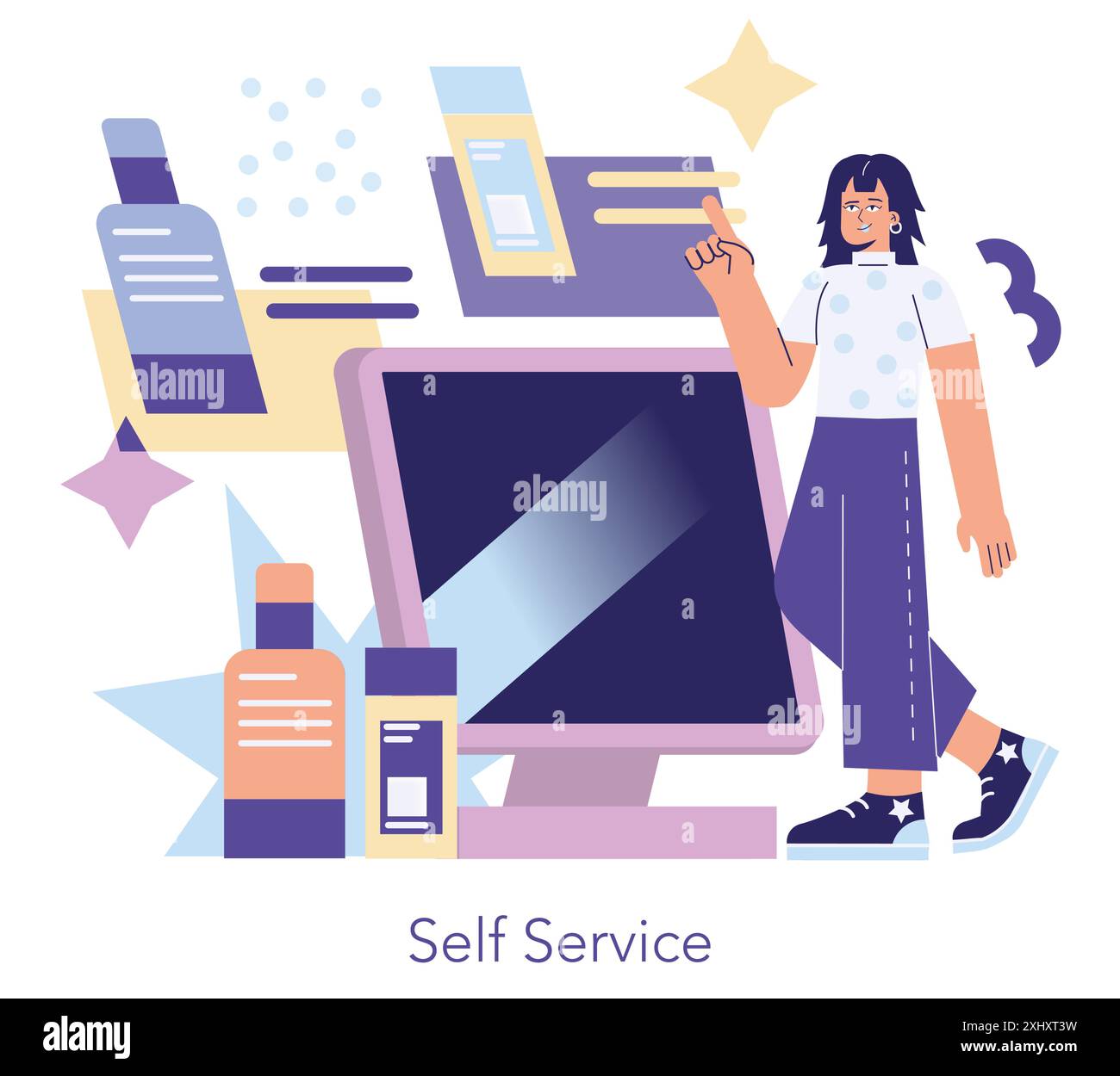 Retail Technology concept. Customer using a digital self-service kiosk. Modern shopping ...