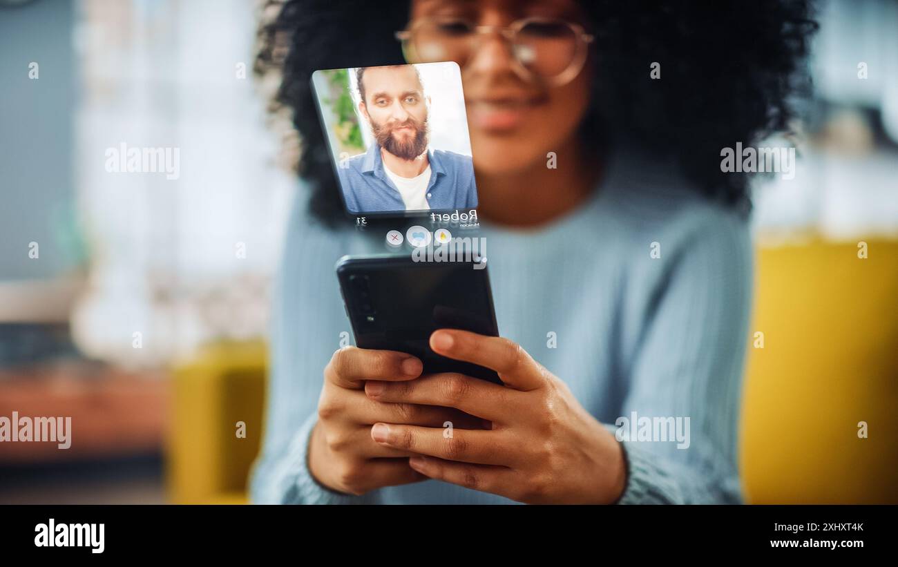 Augmented Reality Dating Concept: Awesome Black Girl Uses Smartphone ...