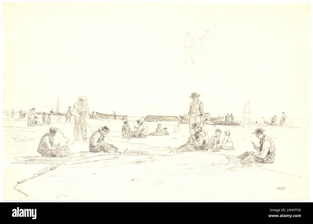 Drawing by Martinus Rørbye depicting fishermen at Skagen beach handling ...