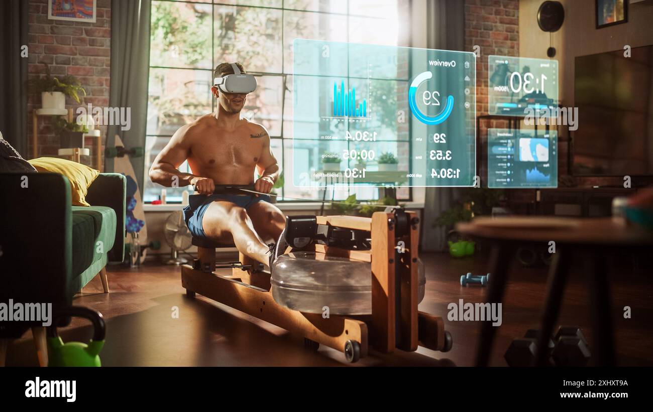 Virtual Reality Metaverse Futuristic Home Gym: Man Exercising on Row ...