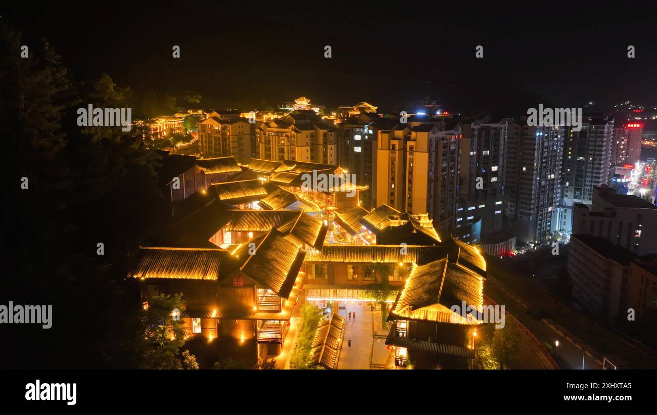 Aerial photo shows the night view of Youzhou ancient town in Chongqing ...