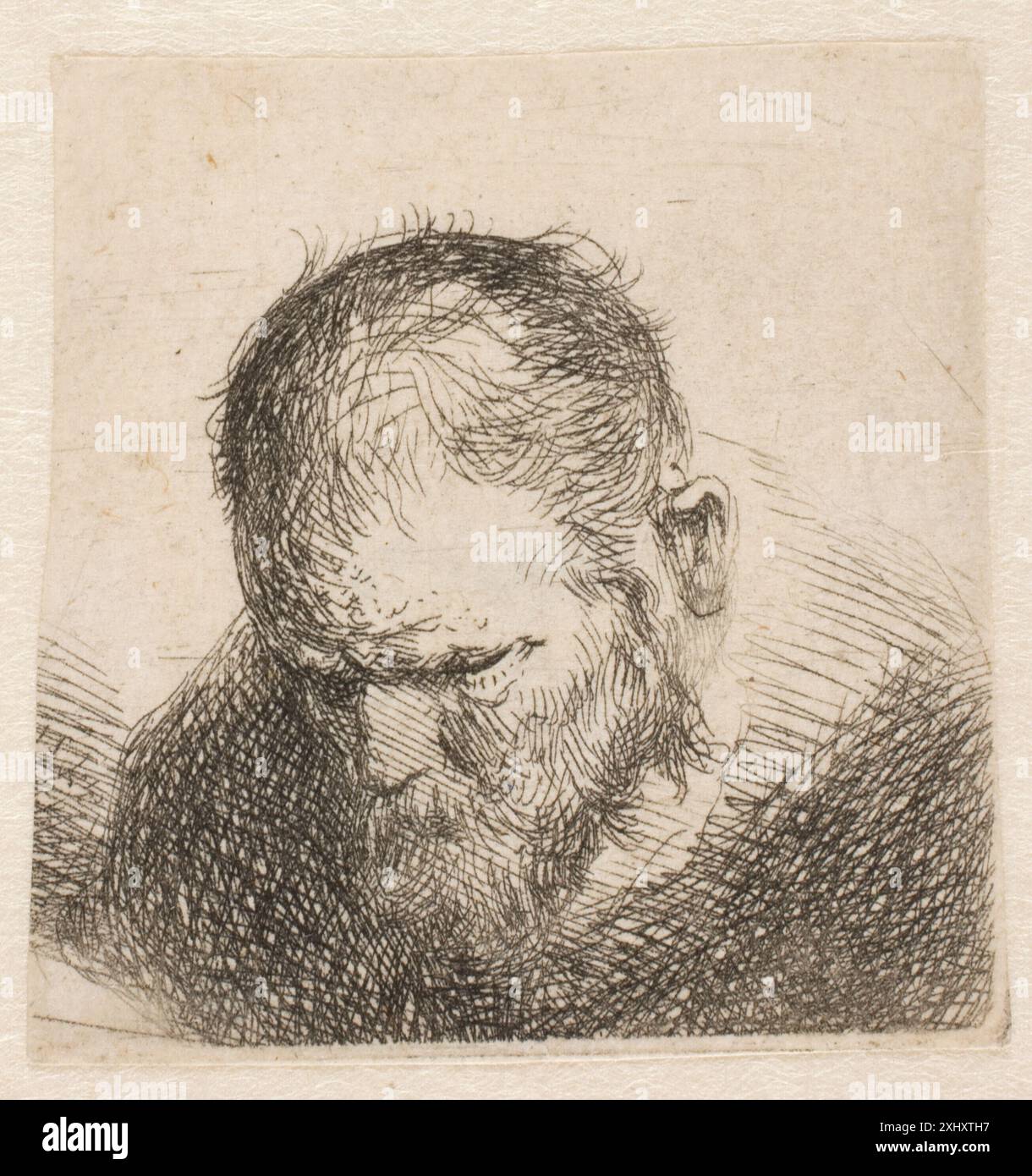 Small bust of a bearded man looking down, with eyes nearly closed ...