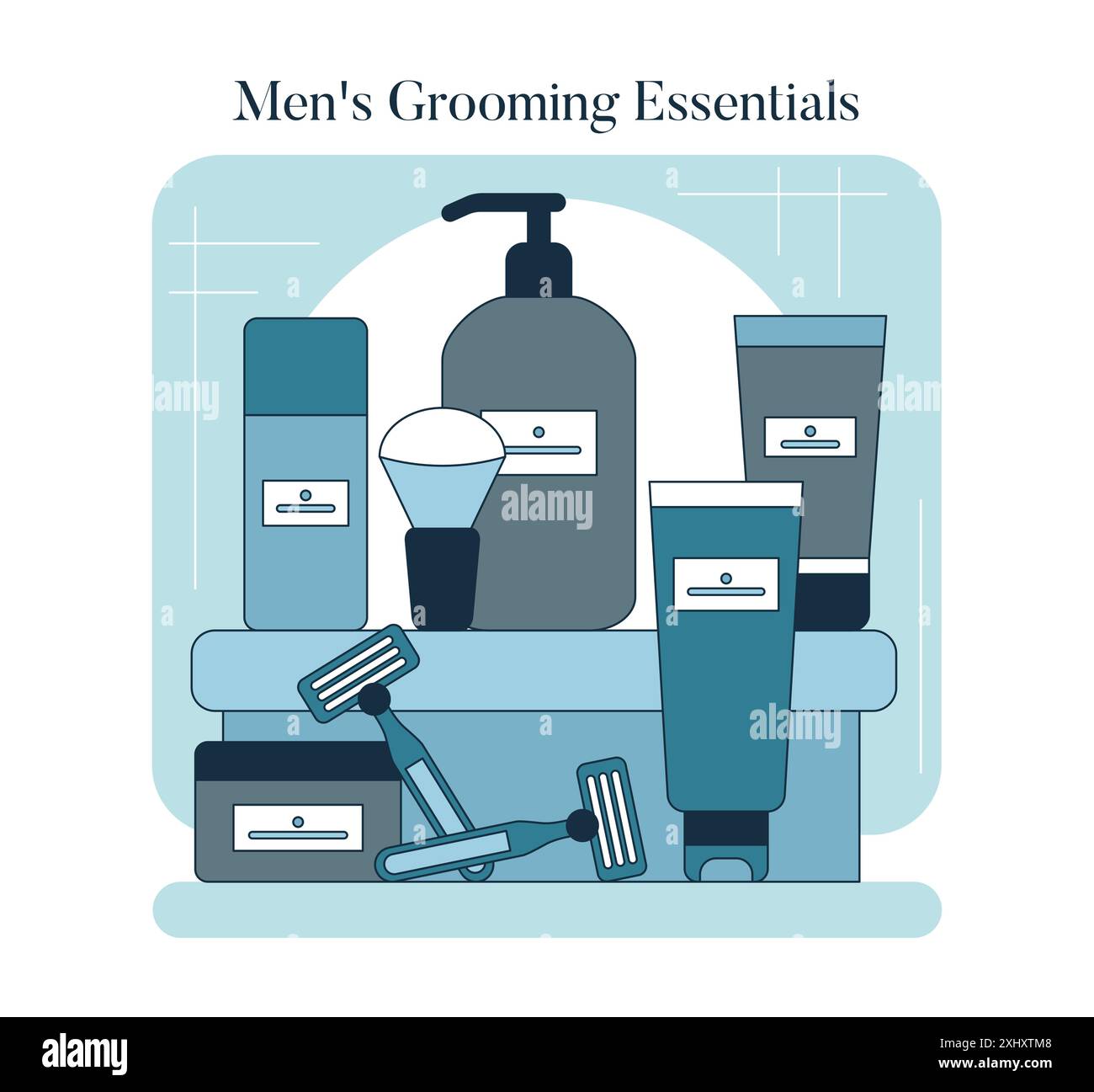 Men's grooming essentials illustration shows an array of skincare and ...