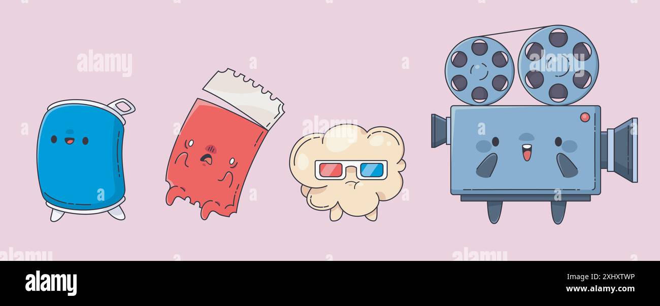 Cute kawaii cinema mascots set isolated on background. Contemporary ...