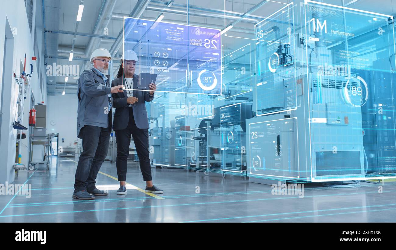 Factory Digitalization: Two Industrial Engineers Use Tablet Computer, Big Data Statistics ...