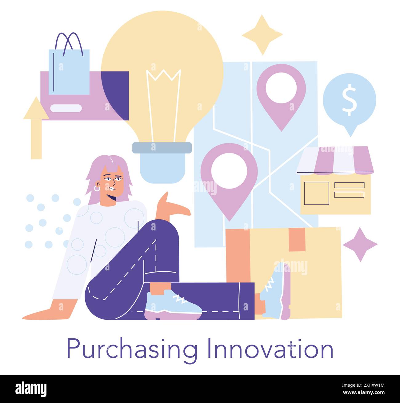 Purchasing Innovation concept. A person interacts with digital shopping ...