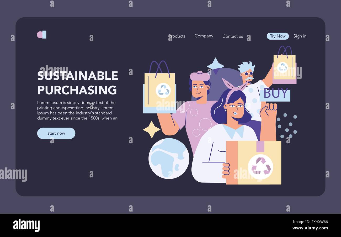 Sustainable Purchasing concept. Animated shoppers with eco-friendly ... Sustainable Purchasing concept. Animated shoppers with eco-friendly ...