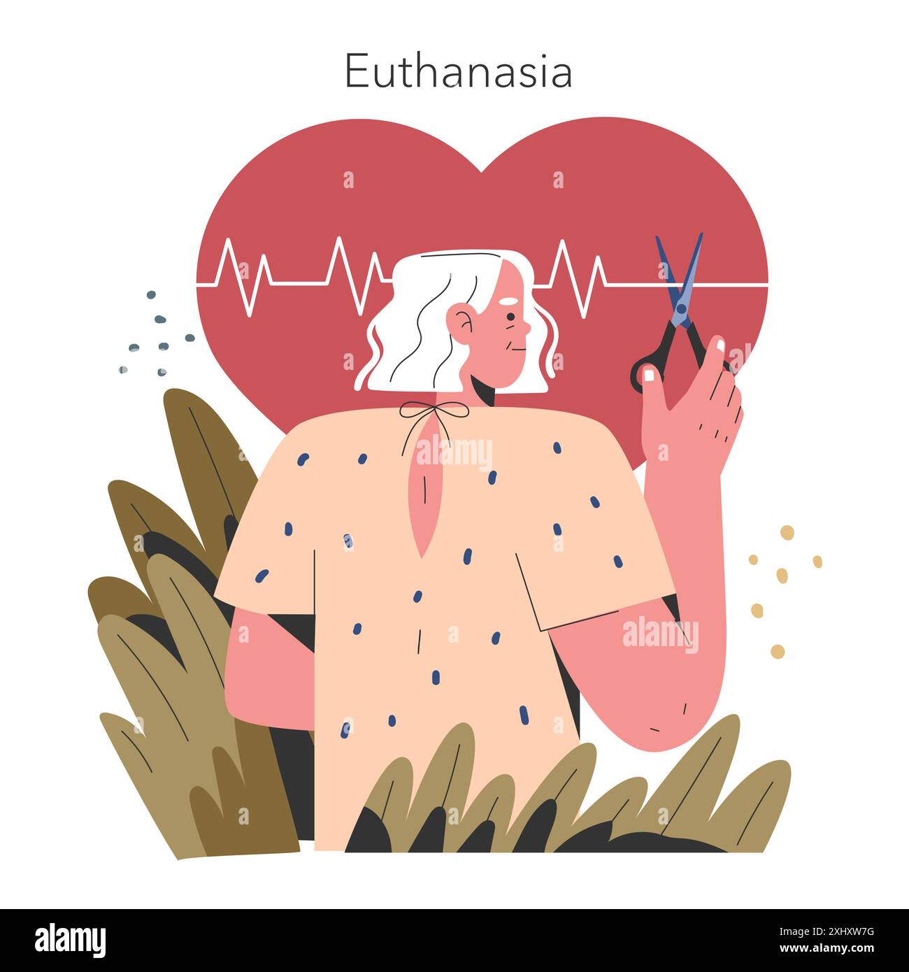 Euthanasia concept. A thoughtful person with scissors cutting an ECG ...