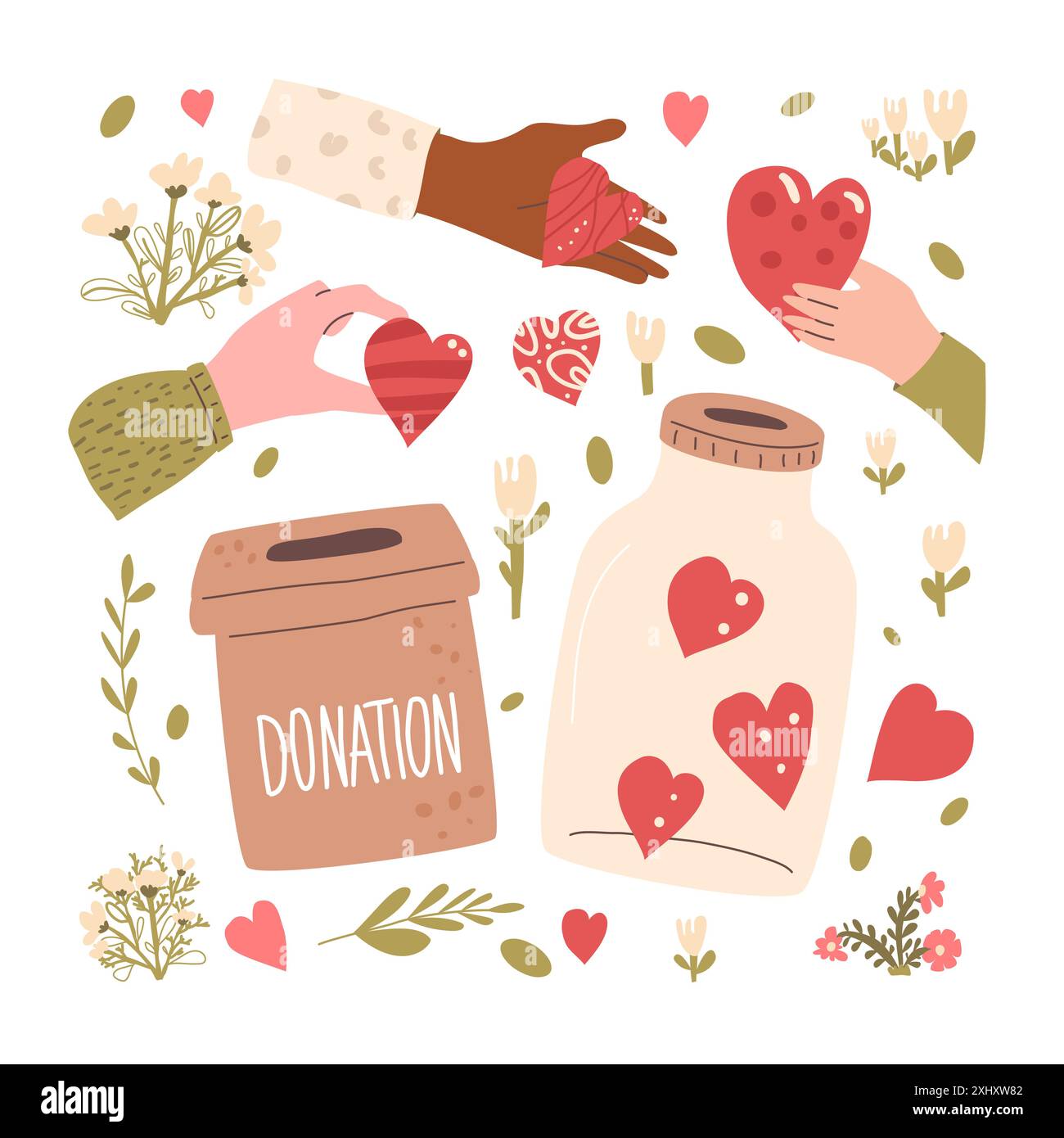 Donation concept. Hands with charity symbols. Vector hand drawn flat ...