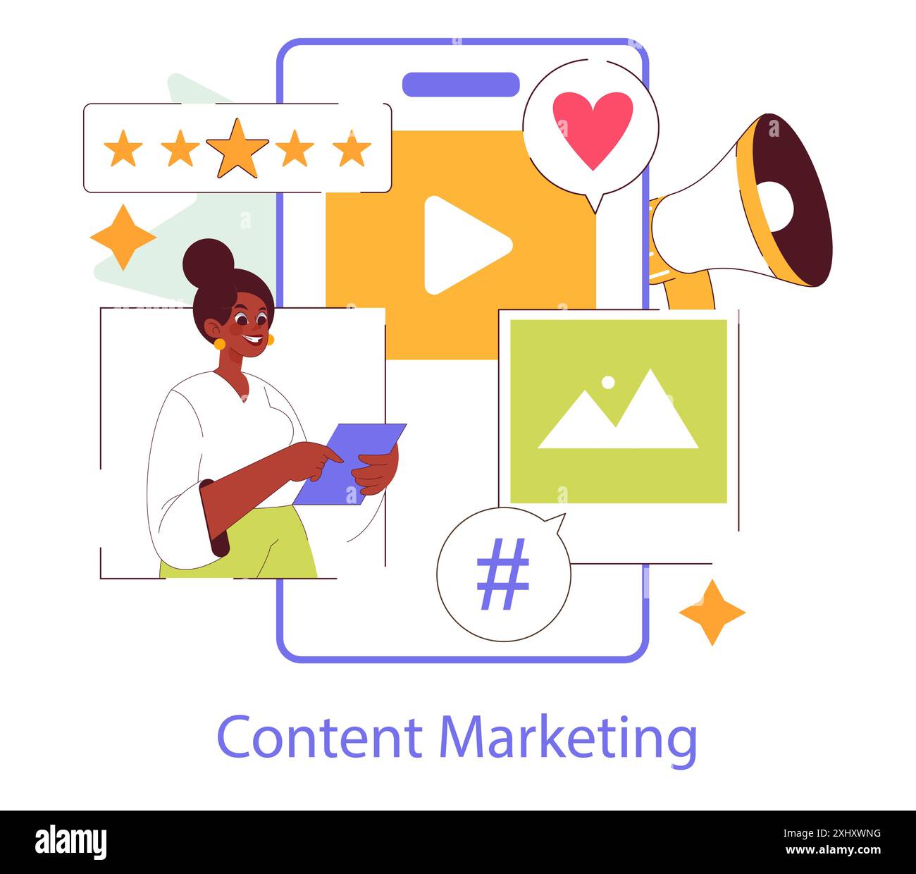 Social media marketing concept. A marketer engages with content on ...