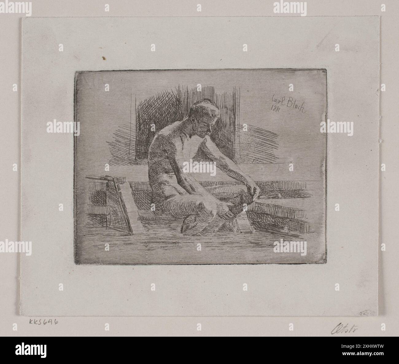 Etching by Carl Bloch depicting a small man bathing, part of his late ...