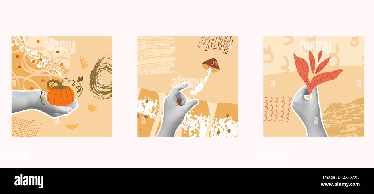 Autumn collage backgrounds set. Hands sticker holding fall leaves ...