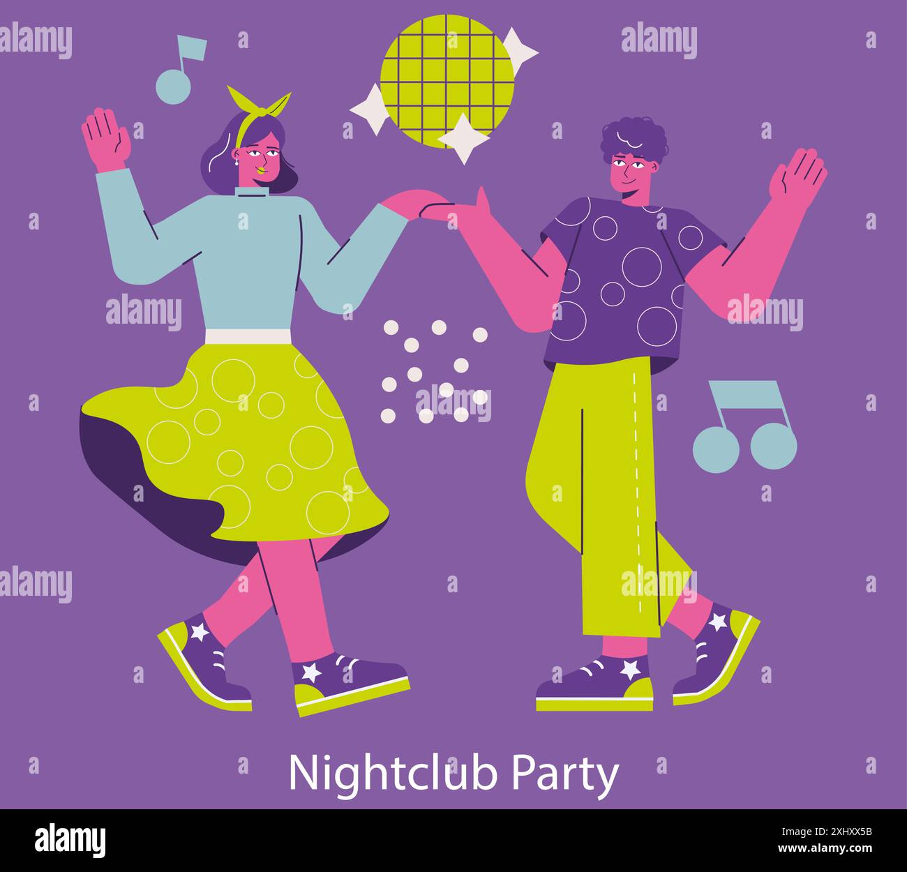 Party illustration. Cheerful people dance under a disco ball. Purple ...