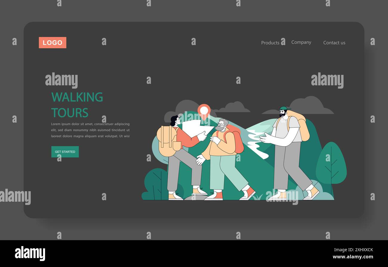 Walking Tours concept. Group of hikers exploring nature trails ...