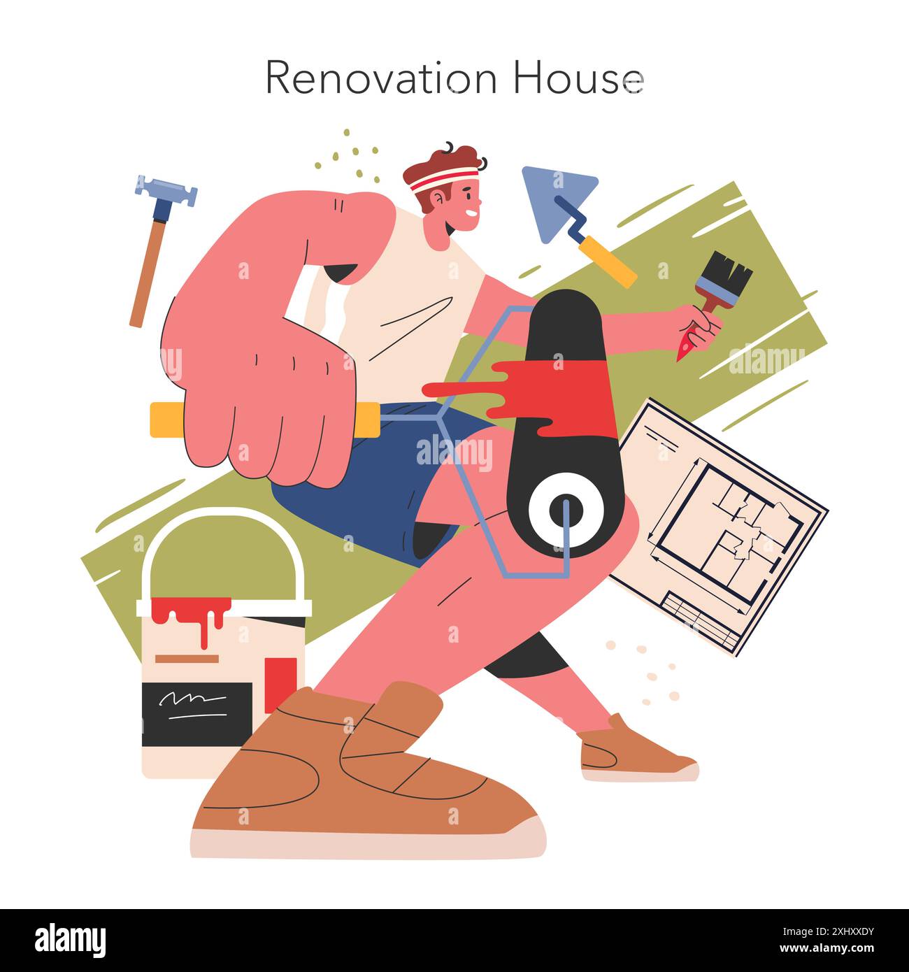 Home Renovation concept. Busy handyman carries tools and blueprints for ...