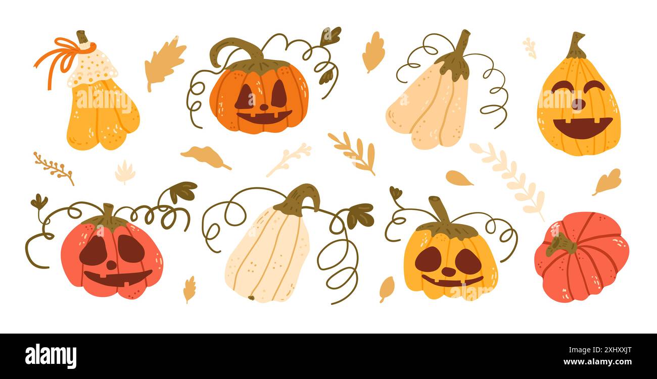 Set of halloween pumpkins in various shapes and colors. Textured autumn ...