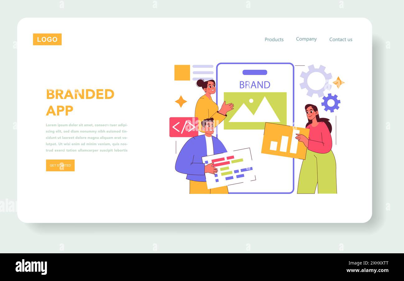 Branded App concept. Team collaborates on a mobile application ...