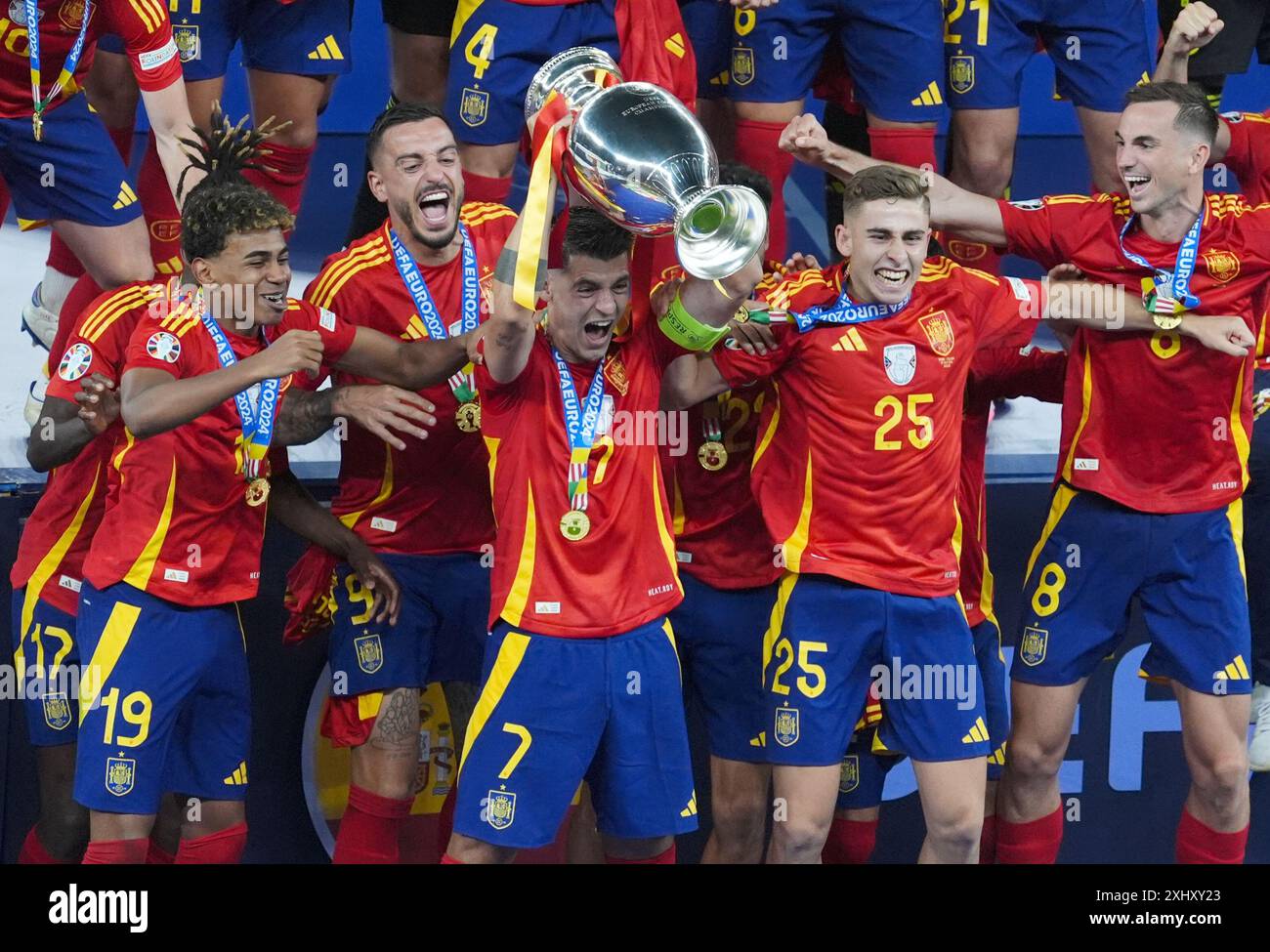 Spain's Alvaro Morata lifts the Henri Delaunay Cup with team-mates ...