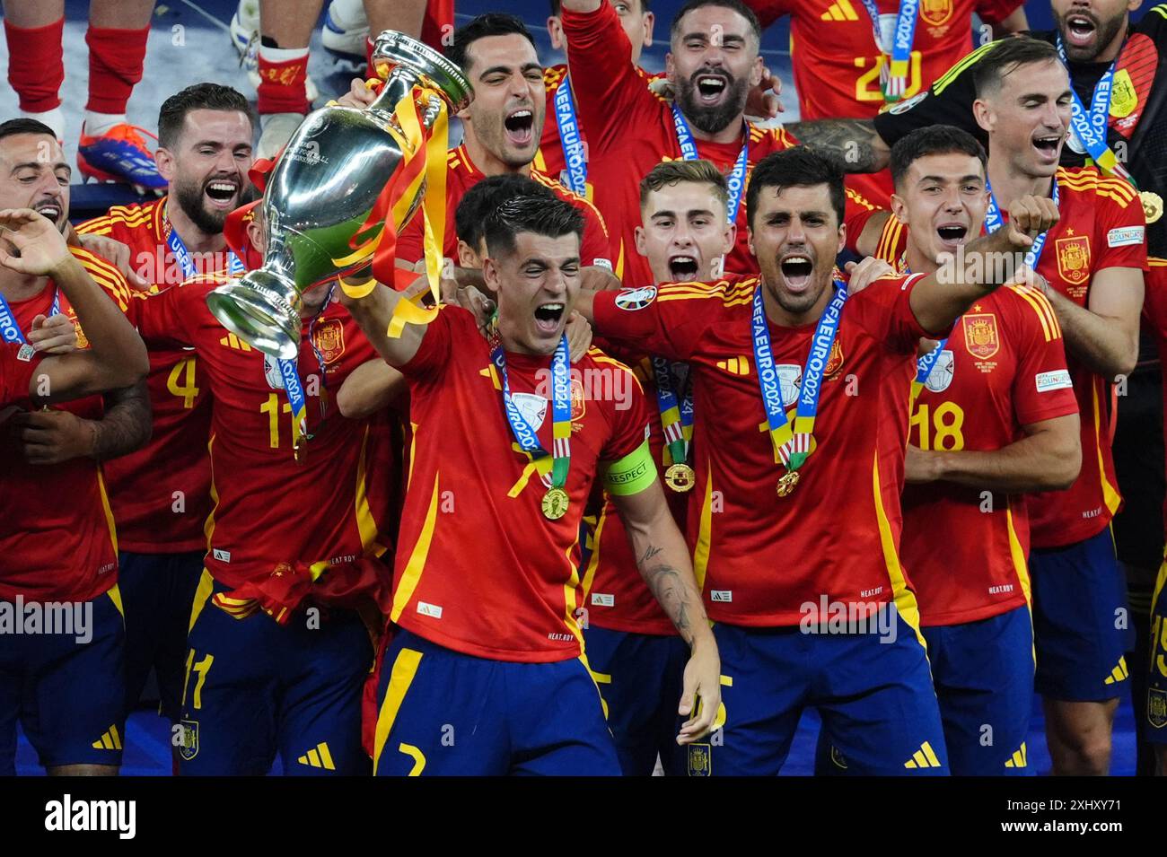 Spain's Alvaro Morata and Rodri celebrates with the Henri Delaunay Cup ...