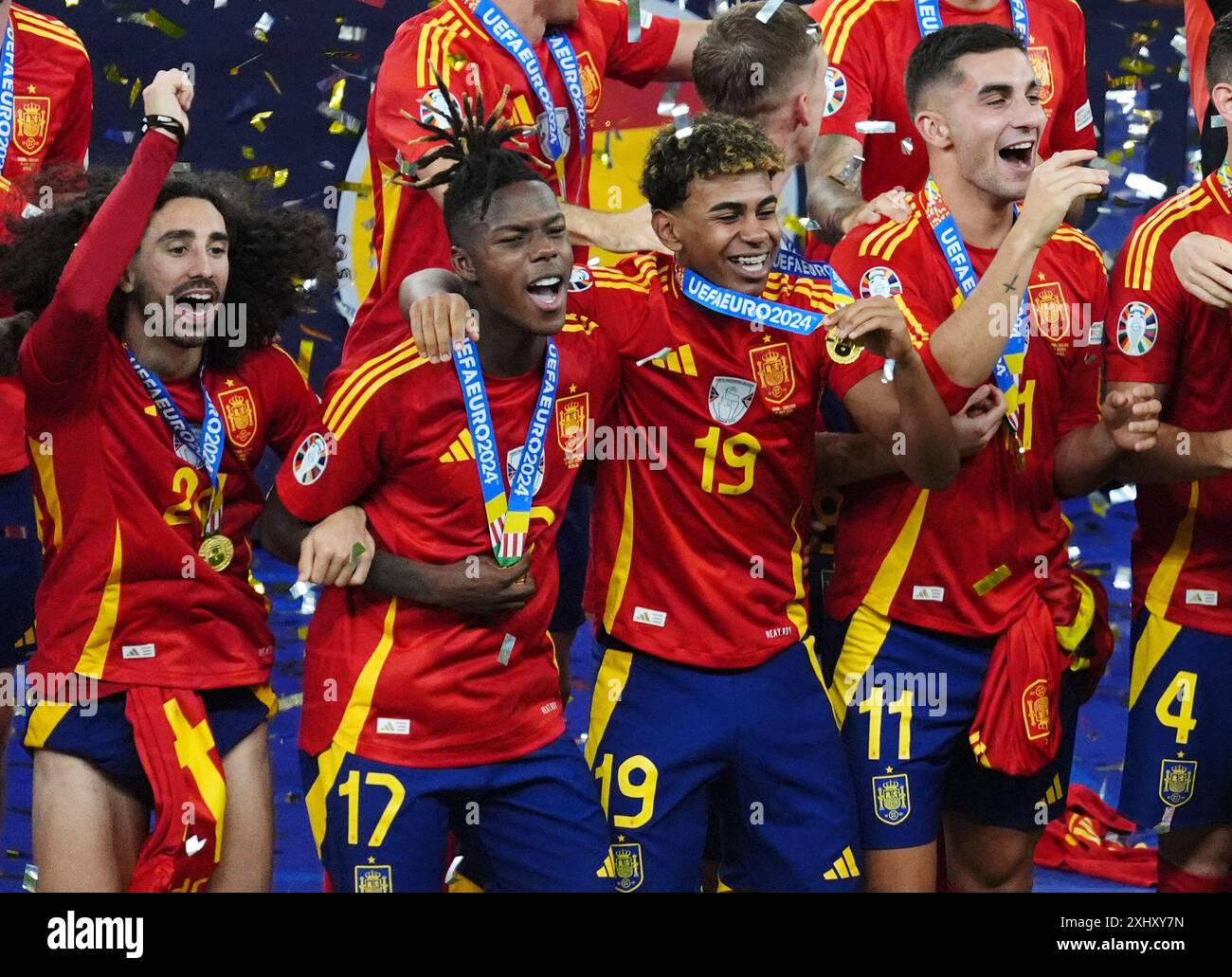 Spain's Nico Williams (left) and Lamine Yamal celebrate after winning ...